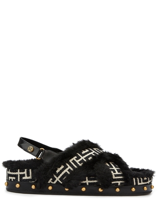 Balmain Kadın Siyah Bej Peluş Garnili Logolu Sandalet 36 EU Balmain Kadın Siyah Bej Peluş Garnili Logolu Sandalet 36 EU