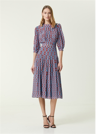 Mergim Kadın Maya Mavi Bordo Desenli Midi İpek Elbise EU