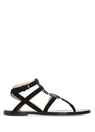 Alberta Ferretti Kadın Siyah Mavi Taş Detaylı Deri Sandalet 35.5 EU