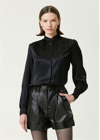 Kadın Siyah Logo Desenli Drapeli İpek Gömlek 36 IT