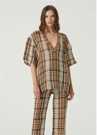 Victoria Beckham Kadın Bej V Yaka Ekoseli Keten Bluz 8 US Victoria Beckham Kadın Bej V Yaka Ekoseli Keten Bluz 8 US