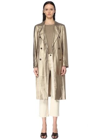 Brunello Cucinelli Kadın Gold Kırlangıç Yaka Kruvaze Deri Pardösü Altın Rengi 42 IT