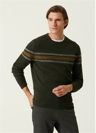 Network Erkek Slim Fit Haki Çizgili Yün Kazak S EU Network Erkek Slim Fit Haki Çizgili Yün Kazak S EU