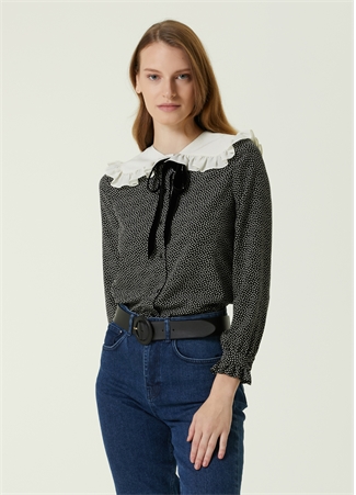 Kadın Siyah Beyaz Puantiyeli İpek Bluz 36 IT