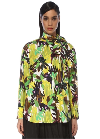 Valentino Kadın Yeşil Yakası Bağlamalı Çiçek Desenli Gömlek Siyah 40 IT