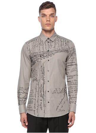Dolce&Gabbana Erkek Gri Küçük Yaka Logo Desenli Gömlek 40 IT