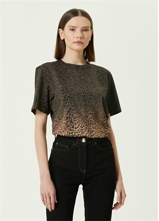 Kadın Bisiklet Yaka Leopar Desenli Degrade T-shirt Kahverengi S EU