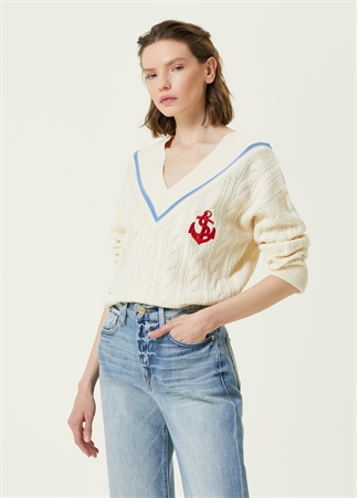 Sandro Kadın Ekru V Yaka Saç Örgü Yün Kazak Bej 0 Us Sandro Kadın Ekru V Yaka Saç Örgü Yün Kazak Bej 0 Us