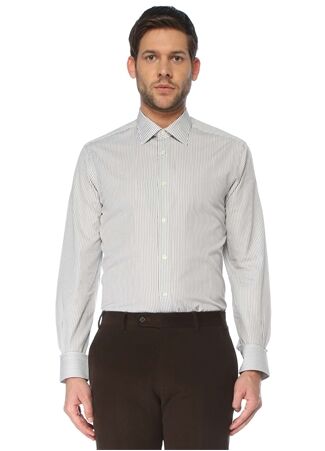 Pal Zileri Erkek Mavi Beyaz Modern Yaka Çizgi Desenli Gömlek Kahverengi 37 IT