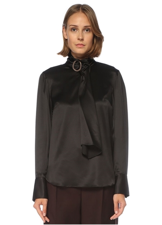 Brunello Cucinelli Kadın Siyah Yakası Aksesuarlı İpek Bluz XS EU
