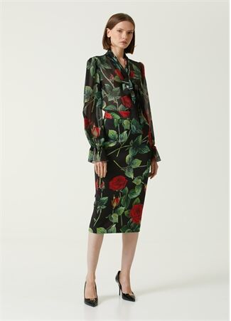 Dolce&Gabbana Kadın Siyah Çiçekli Midi Kalem Etek 42 IT