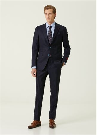 Isaia Erkek Lacivert Çizgi Desenli Yün Takım Elbise 48 IT