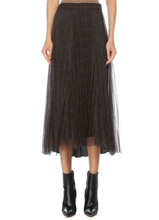 Brunello Cucinelli Kadın Gri Kareli Midi Tül Etek 38 IT