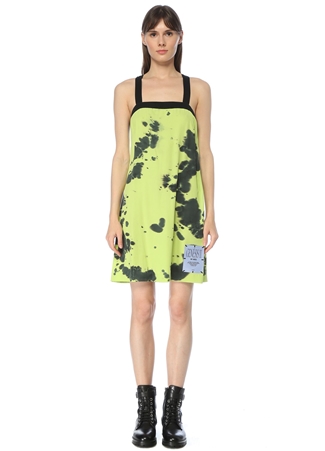 MCQ Kadın Yeşil Kare Yaka Batik Desenli Mini İpek Elbise Siyah S EU