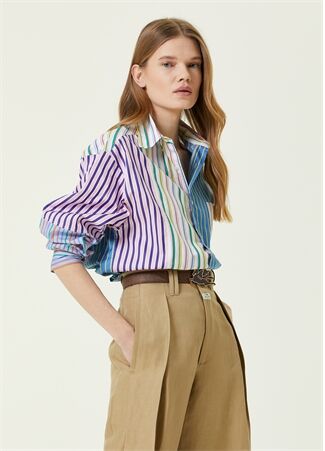 Etro Kadın Mavi Düğmeli Yaka Patchwork Çizgili Gömlek XS EU Etro Kadın Mavi Düğmeli Yaka Patchwork Çizgili Gömlek XS EU