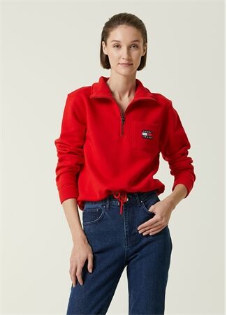 Tommy Jeans Kadın Kırmızı Dik Yaka Fermuarlı Sweatshirt Bordo L EU