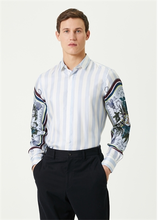 Pal Zileri Erkek Mavi Çizgili Figür Detaylı İpek Gömlek M EU Pal Zileri Erkek Mavi Çizgili Figür Detaylı İpek Gömlek M EU