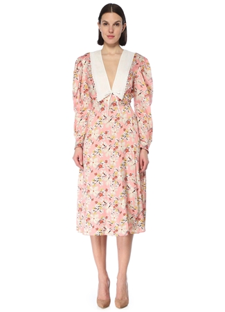 Miu Kadın Pembe V Yaka Çiçekli Bağcıklı Midi Elbise 42 IT