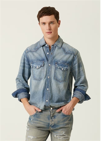 Amiri Erkek Mavi Logolu Denim Gömlek L EU Amiri Erkek Mavi Logolu Denim Gömlek L EU