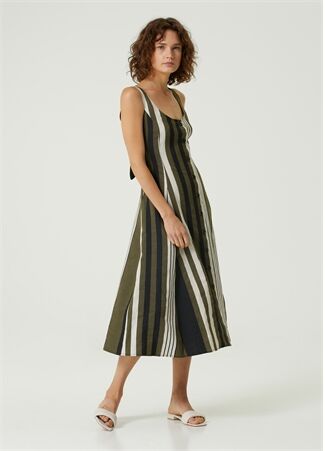 Beymen Club Kadın Haki Çizgili Sırt Detaylı Midi Keten Elbise S EU Beymen Club Kadın Haki Çizgili Sırt Detaylı Midi Keten Elbise S EU