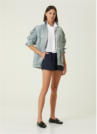 Dor Raw Luxury Kadın Lacivert Pilili Mini Keten Şort L EU