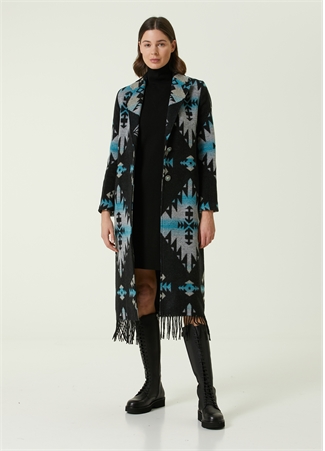 Frontstreet 8 Kadın Siyah Etnik Desenli Püsküllü Ceket 42 IT