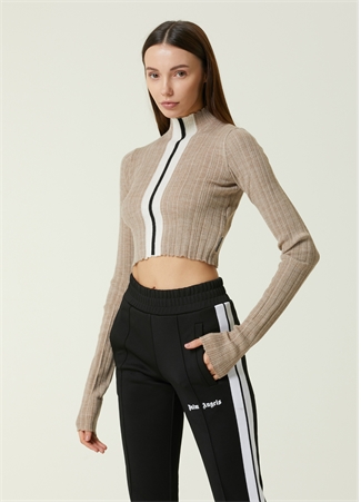 Palm Angels Kadın Bej Dik Yaka Önü Şeritli Crop Kazak M EU Palm Angels Kadın Bej Dik Yaka Önü Şeritli Crop Kazak M EU