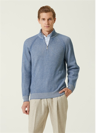 Brunello Cucinelli Erkek Mavi Dik Yaka Fermuarlı Kaşmir Kazak 54 It