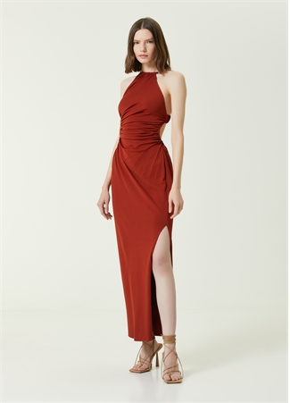 Rhodochrosite Kadın All Of Me Kiremit Halter Yaka Maksi Abiye Elbise Kırmızı S EU