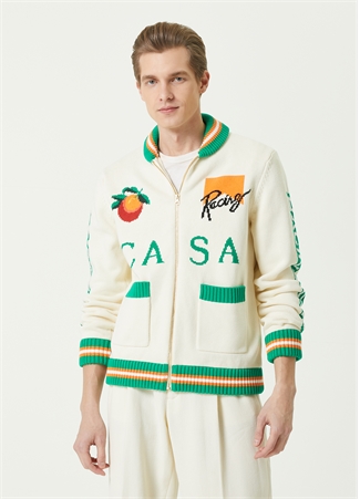 Casablanca Erkek Beyaz Yeşil Logo Jakarlı Triko Hırka S EU Casablanca Erkek Beyaz Yeşil Logo Jakarlı Triko Hırka S EU