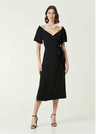 Beymen Collection Kadın Siyah Düşük Omuzlu Midi Kruvaze Elbise 42 Eu