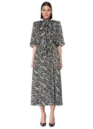 Magda Butrym Kadın Siyah Beyaz Zebra Desenli Midi İpek Elbise 38 FR