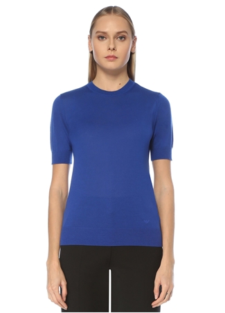 Emporio Armani Kadın Saks Bisiklet Yaka Kısa Kol Yün Triko Mavi 42 IT