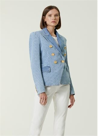 Balmain Kadın Mavi Desenli Kruvaze Jean Ceket 36 FR Balmain Kadın Mavi Desenli Kruvaze Jean Ceket 36 FR