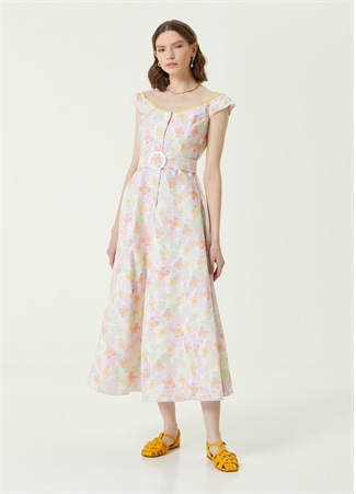 Gül Hürgel Kadın Düşük Omuzlu Çiçekli Midi Keten Elbise S EU