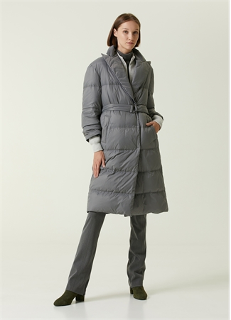 Brunello Cucinelli Kadın Gri Mavi Kapitoneli Kelebek Yaka Mont 38 IT