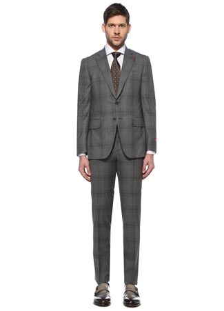 Isaia Erkek Gri Ekoseli Yün Takım Elbise 54 IT