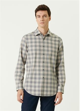 Pal Zileri Erkek Bej Modern Yaka Kareli Gömlek 39 IT