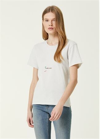 Kadın Beyaz Bisiklet Yaka Logolu T-shirt S EU