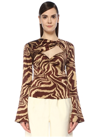 Ganni Kadın Kahverengi Desenli Asimetrik İpek Saten Bluz 34 FR