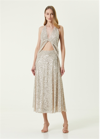 In the Mood for Love Kadın Asben Silver İşlemeli Midi Kokteyl Elbise Bej S EU