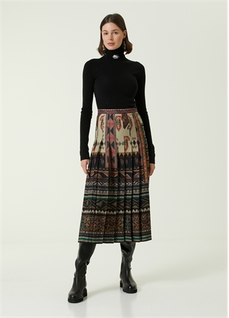 Etro Kadın Bej İkat Desenli Pilili Midi Yün Etek 40 IT