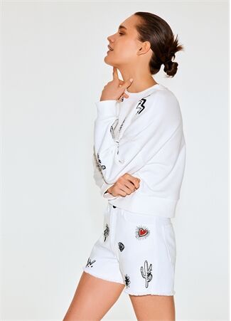 Beymen Club Kadın Beyaz Bisiklet Yaka Nakışlı Sweatshirt XS