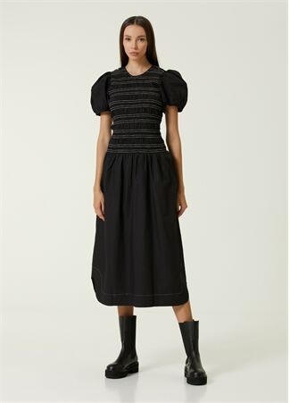 Ganni Kadın Siyah Büzgü Detaylı Balon Kol Midi Elbise 36 FR