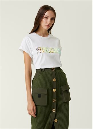 Balmain Kadın Beyaz Gold Logo Baskılı T-shirt S EU
