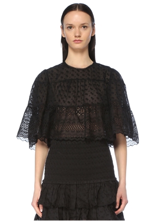Etoile Isabel Marant Kadın Siyah Bisiklet Yaka Volanlı Dantel Bluz 36 FR