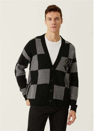 Off-White Erkek Siyah V Yaka Kareli Yün Kazak M EU