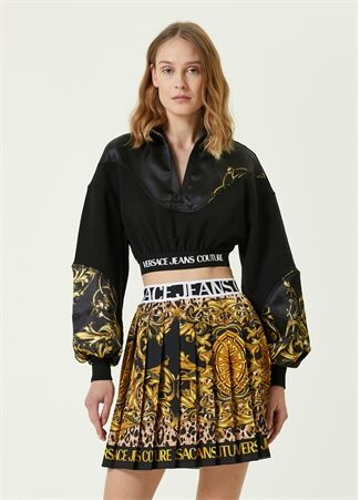 Versace Jeans Couture Kadın Siyah Dik Yaka Desenli Garnili Crop Bluz 42 IT