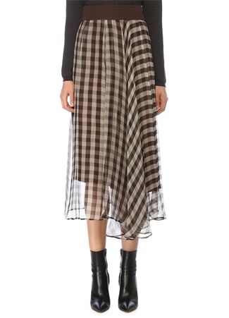 Brunello Cucinelli Kadın Kahverengi Kareli Asimetrik Midi İpek Etek Bej 36 IT