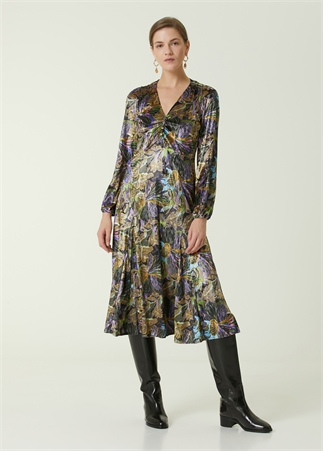 Beymen Club Kadın Yeşil V Yaka Çiçekli Büzgülü Midi Kadife Elbise Haki 36